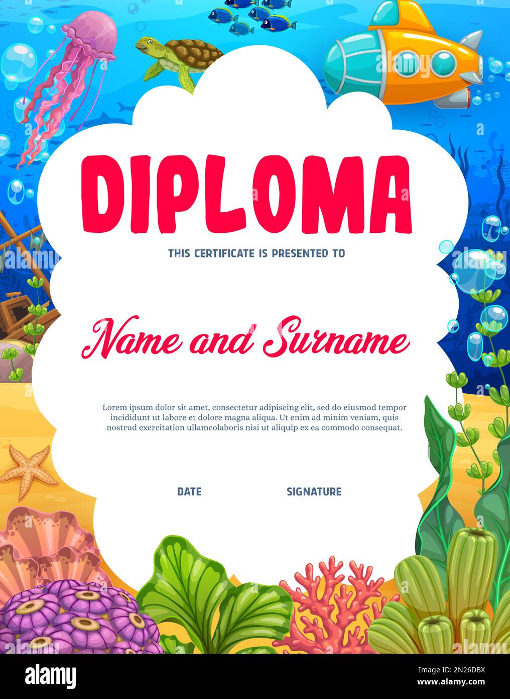 Cartoon kids diploma with underwater landscape and animals. Vector ...
