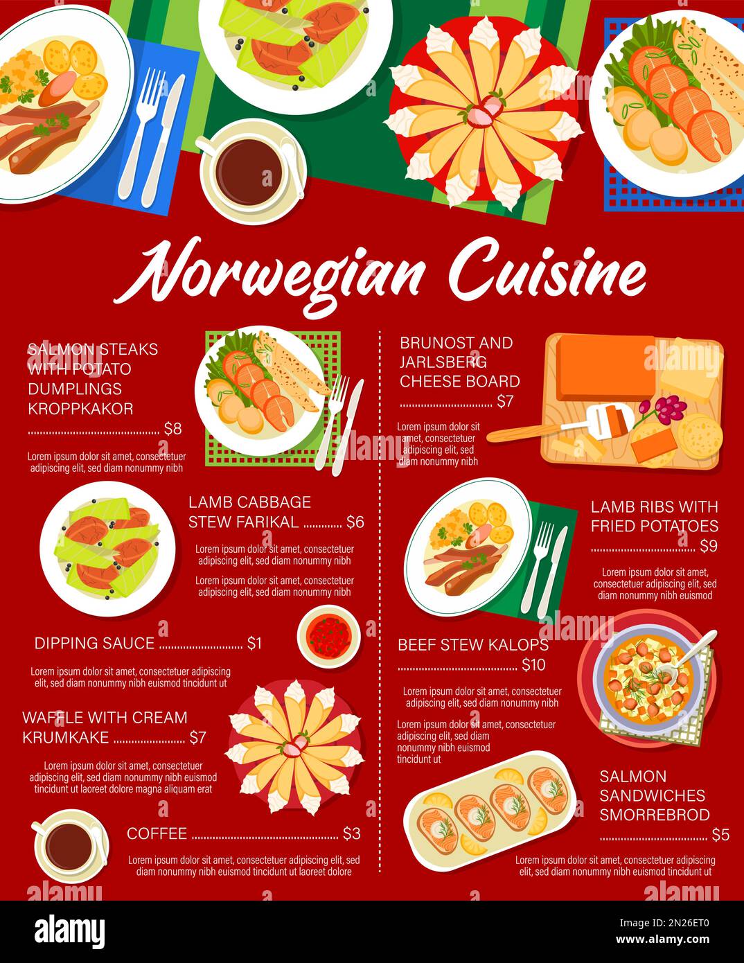 Norwegian cuisine menu with food dishes or lunch and dinner meals ...