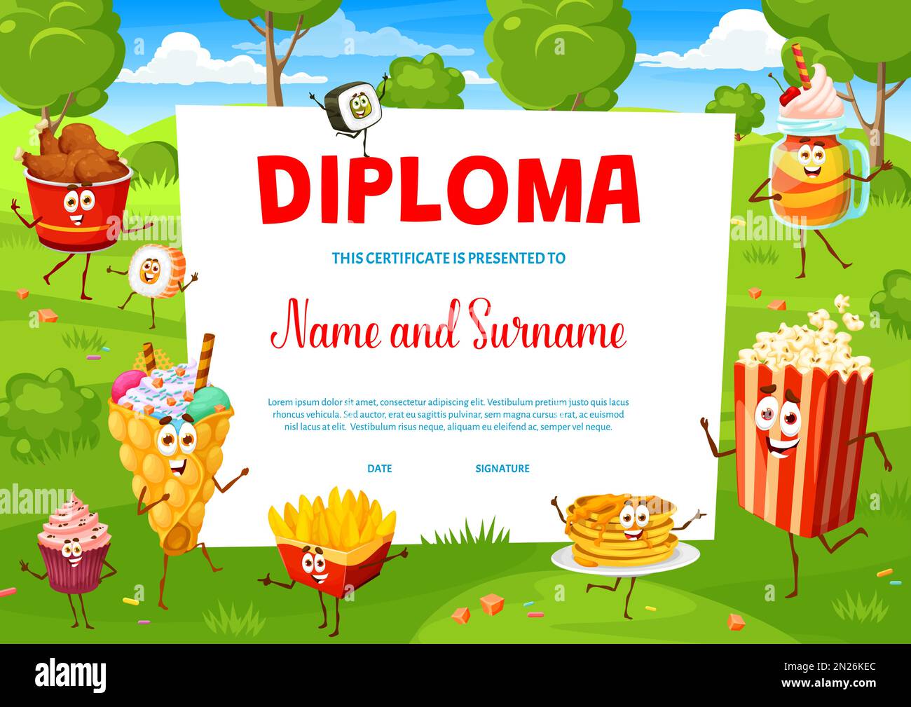 Kids diploma cartoon fast food and desserts characters. Vector frame ...