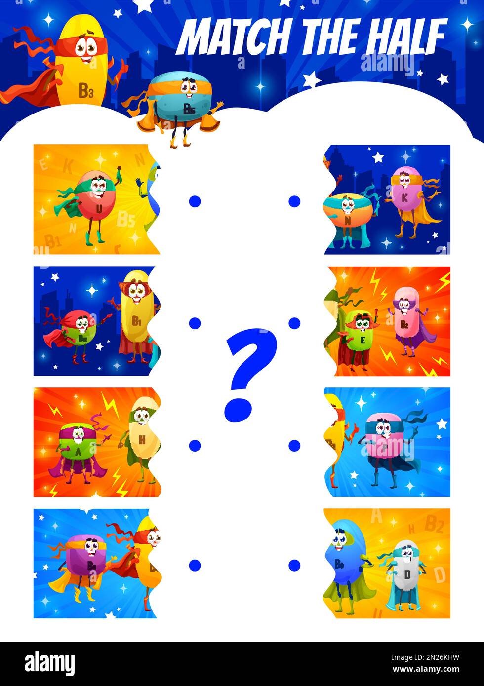 Match the half of cartoon cheerful superhero vitamin characters. Piece ...