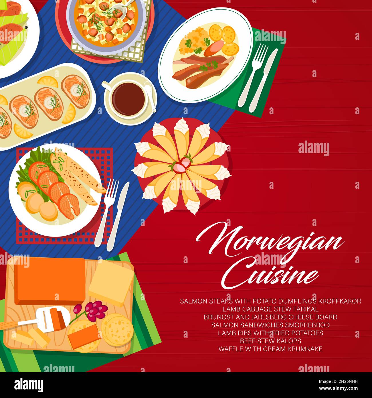 Norwegian cuisine menu cover, food dishes and lunch or dinner meals ...