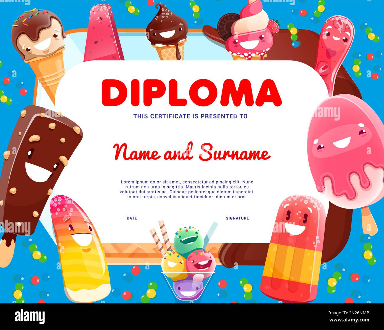 Kids diploma with cartoon ice cream characters. Vector award frame ...
