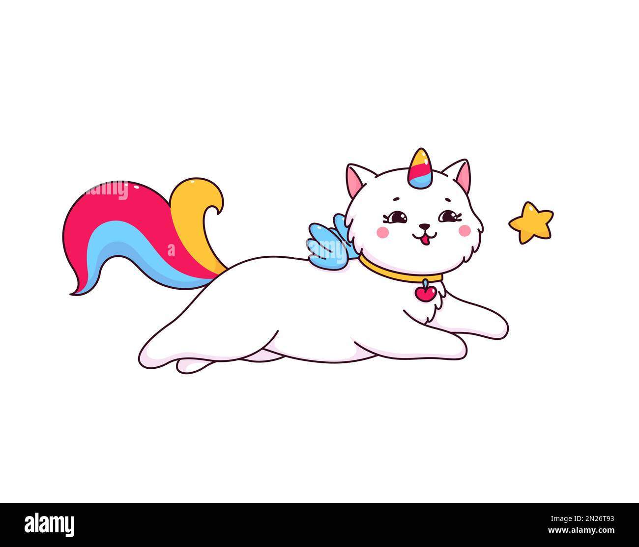 Cartoon caticorn with sky star. Cute vector white unicorn cat with ...
