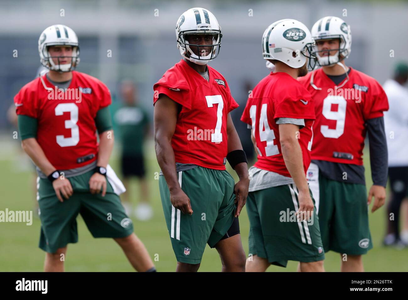 New York Jets quarterbacks, from left, Jake Heaps, Geno Smith, Ryan ...