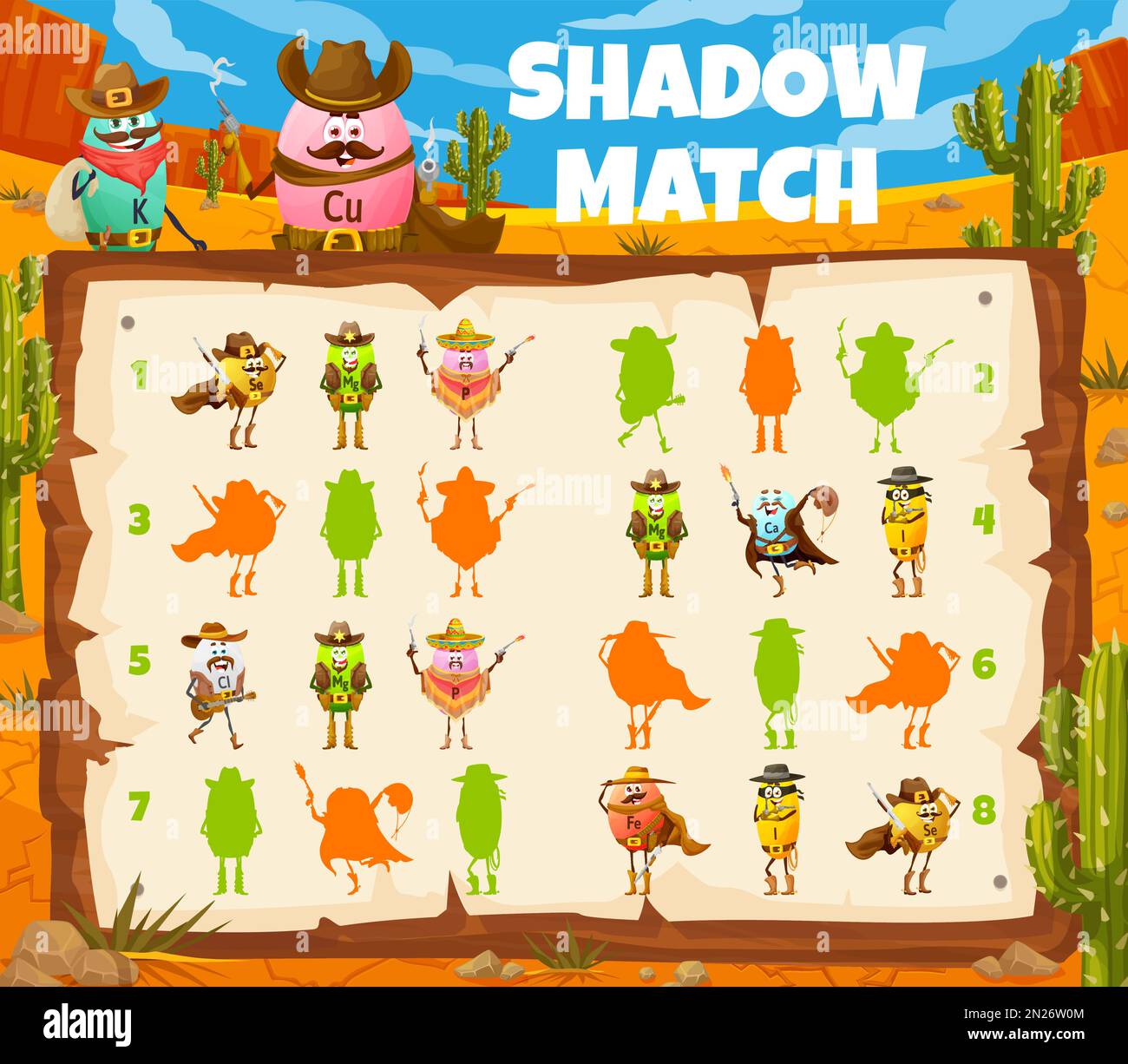 Shadow match game. Wild west cartoon cowboy, sheriff, bandit and robber ...