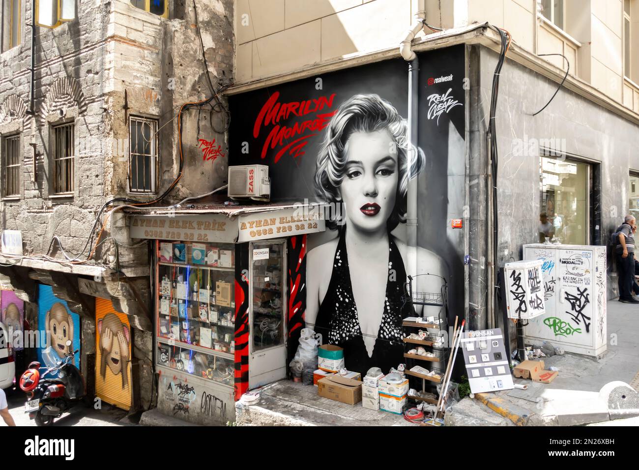 Marilyn Monroe American actress mural on a wall in business district in ...