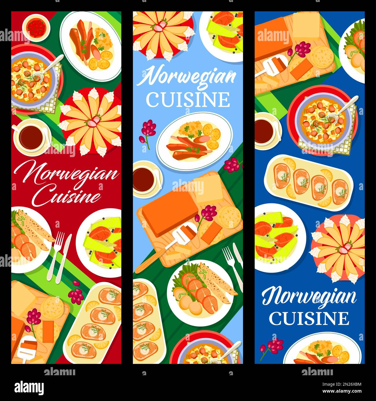 Norwegian cuisine banners with food dishes and meals for restaurant ...