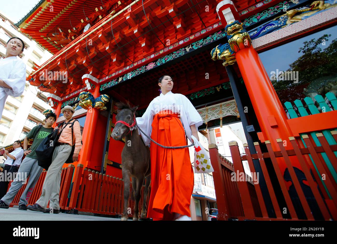 A shrine maiden takes a walk with the shrine's mascot pony Akari at ...