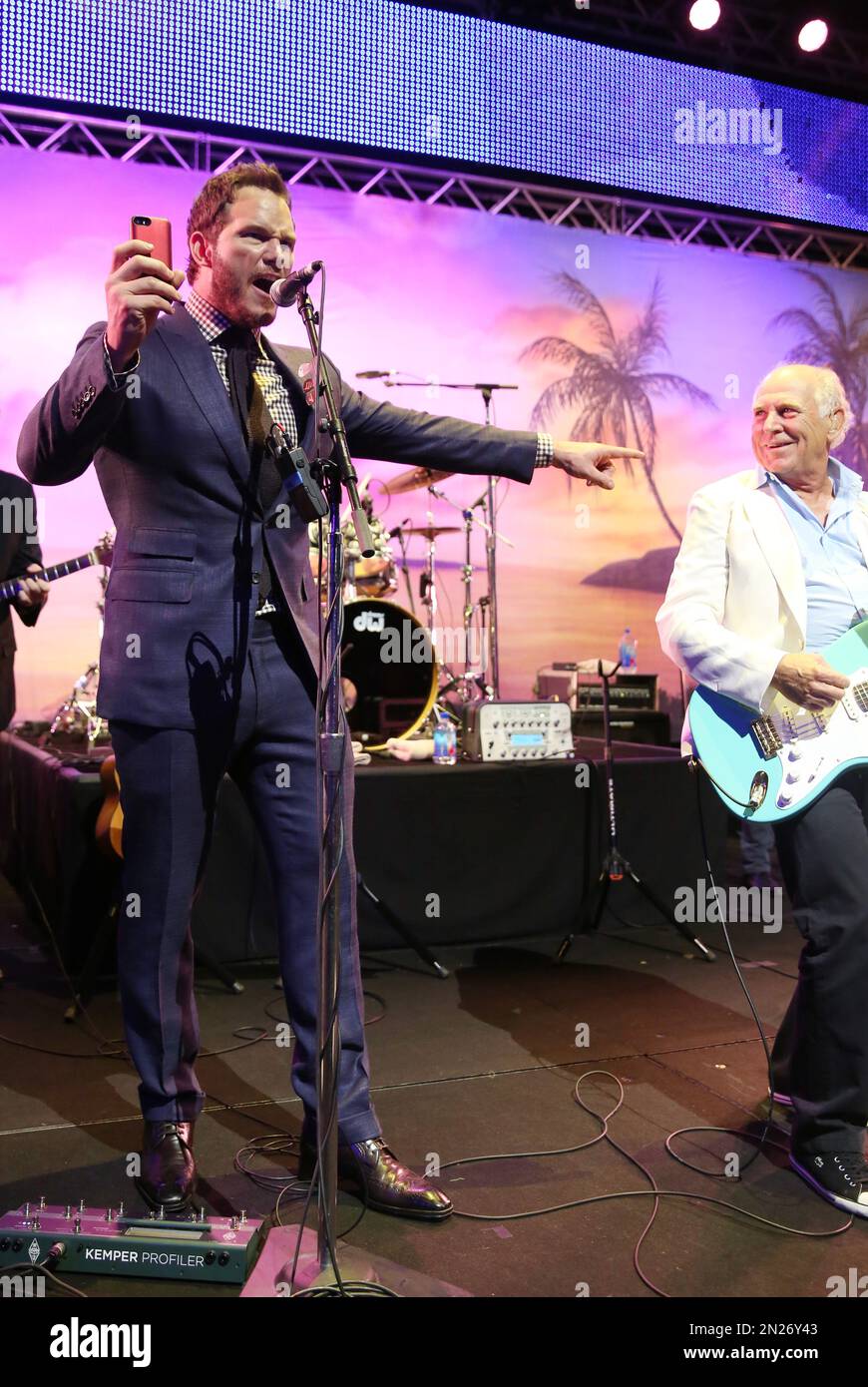 Chris Pratt, left, and Jimmy Buffett perform at the after party for the ...