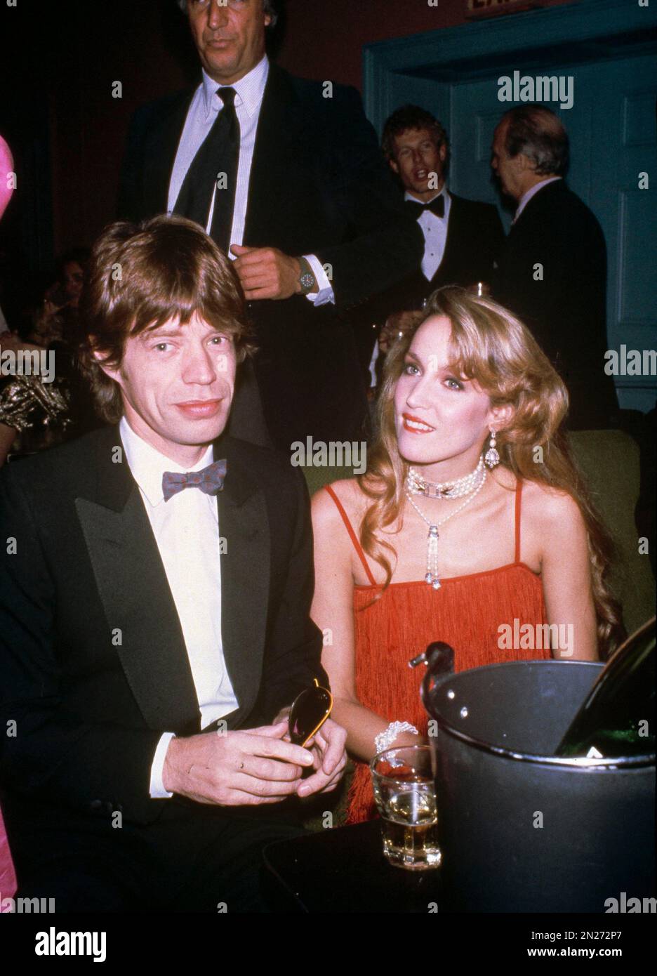Mick Jagger of the Rolling Stones and girlfriend Jeri Hall are pictured ...