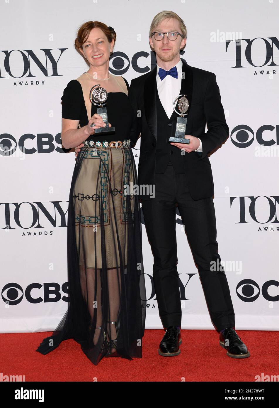 Bunny Christie, left, and Finn Ross pose in the press room with the ...