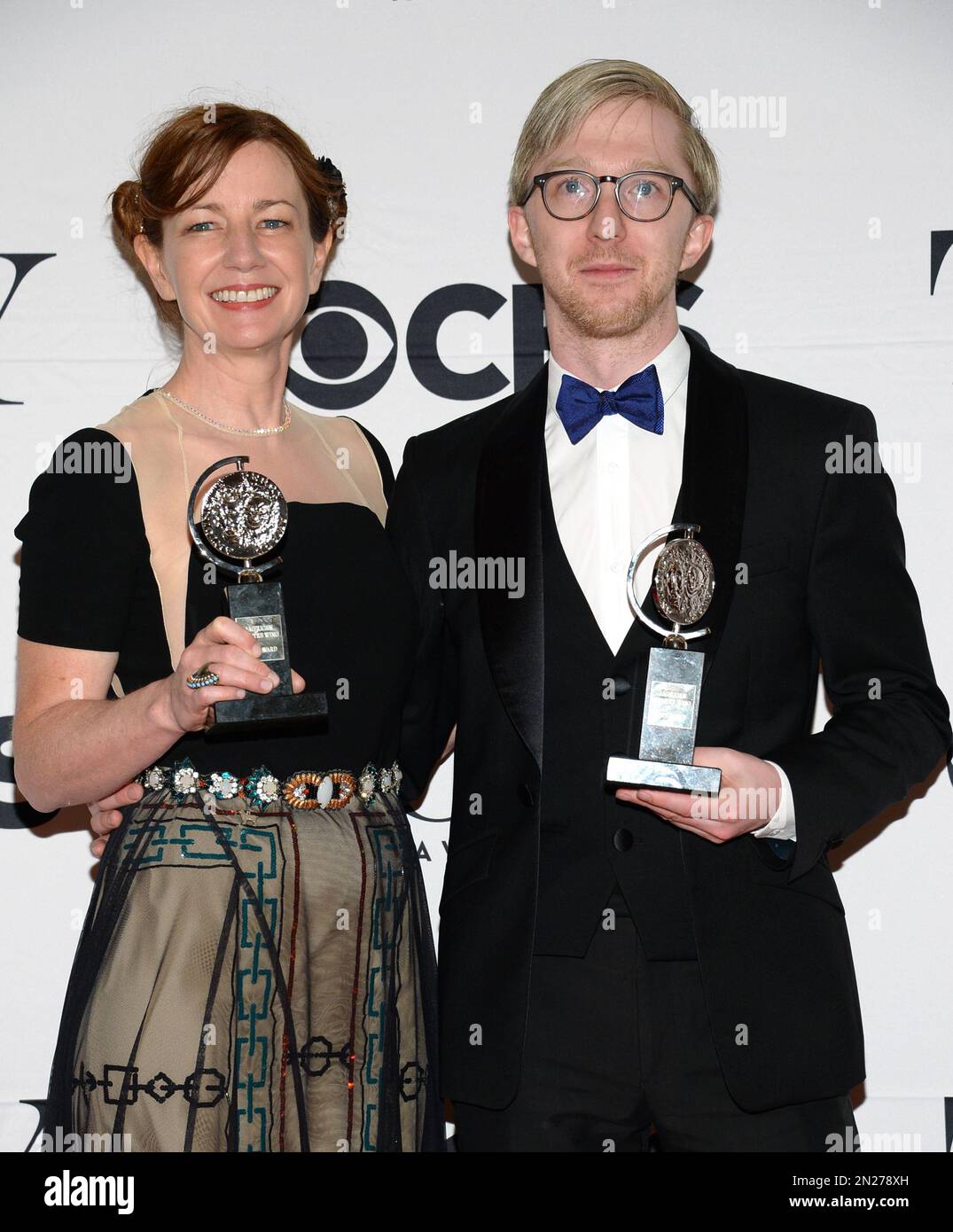 Bunny Christie, left, and Finn Ross pose in the press room with the ...