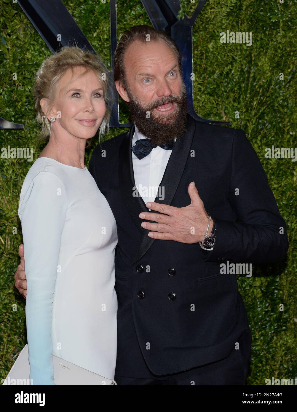 Sting, right, and Trudie Styler arrives at the 69th annual Tony Awards ...