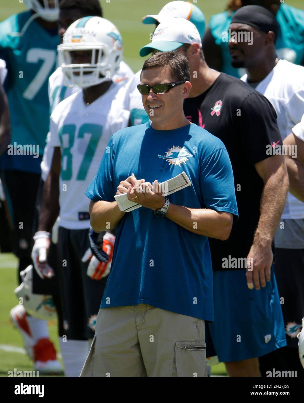 Miami Dolphins offensive coordinator Bill Lazor watches drills during ...