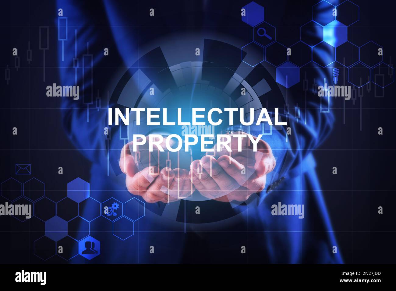 Intellectual property concept. Man using virtual screen with schemes ...