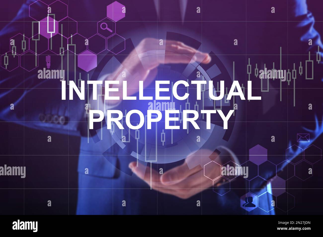 Intellectual property concept. Man using virtual screen with schemes ...