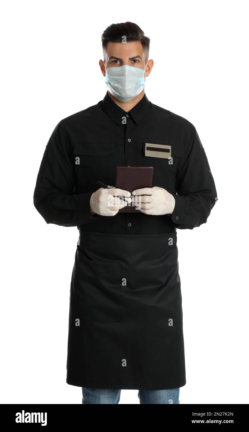 Waiter in medical face mask with notepad on white background Stock ...