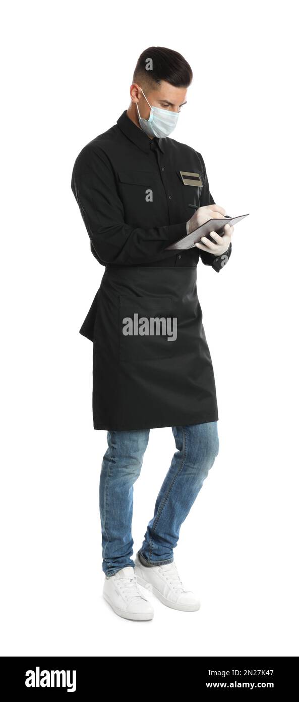Waiter in medical face mask taking order on white background Stock ...
