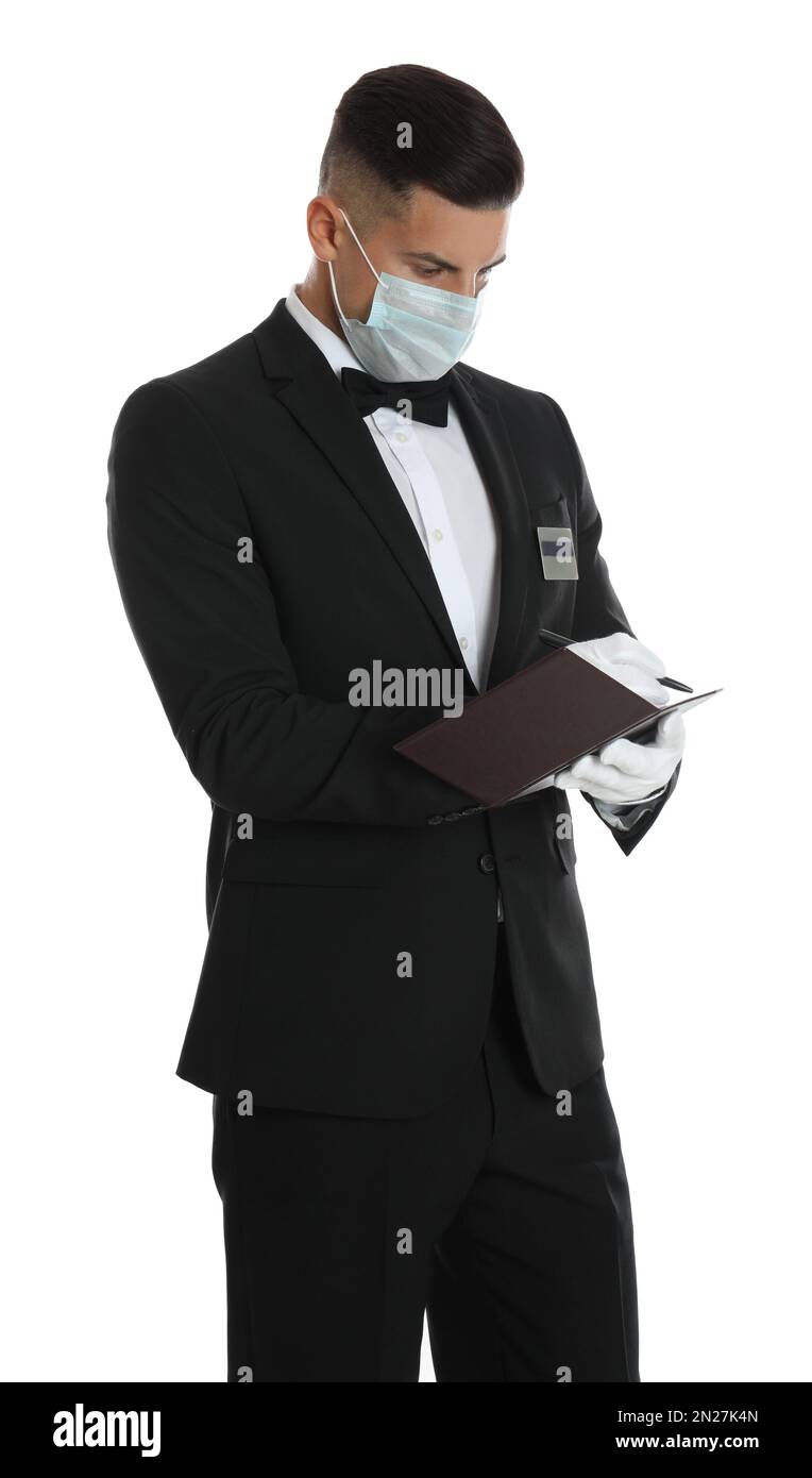 Waiter in medical face mask taking order on white background Stock ...