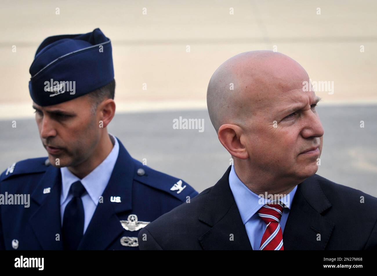 Delaware Gov. Jack Markell, right, and Col. Don Bevis, await the ...