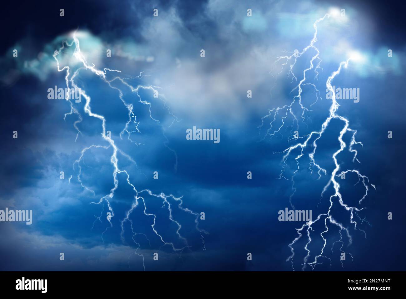 Lightnings in dark cloudy sky during thunderstorm Stock Photo - Alamy