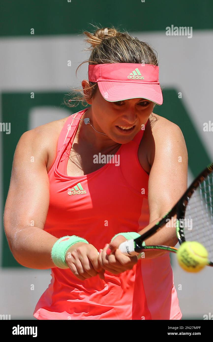 Paula Badosa Gibert of Spain returns in the girls final match of the ...