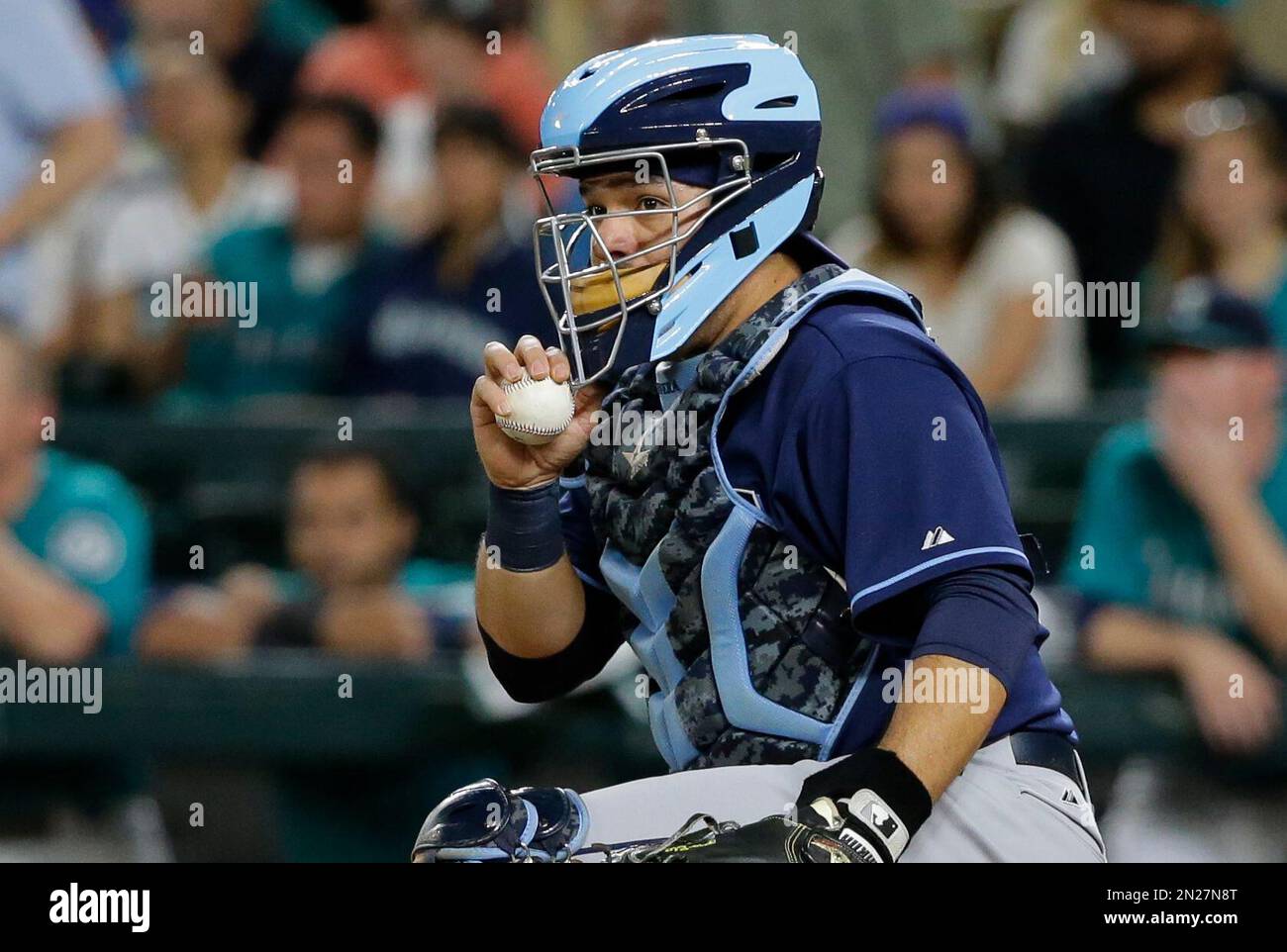 Tampa Bay Rays catcher Rene Rivera holds the ball during a baseball ...