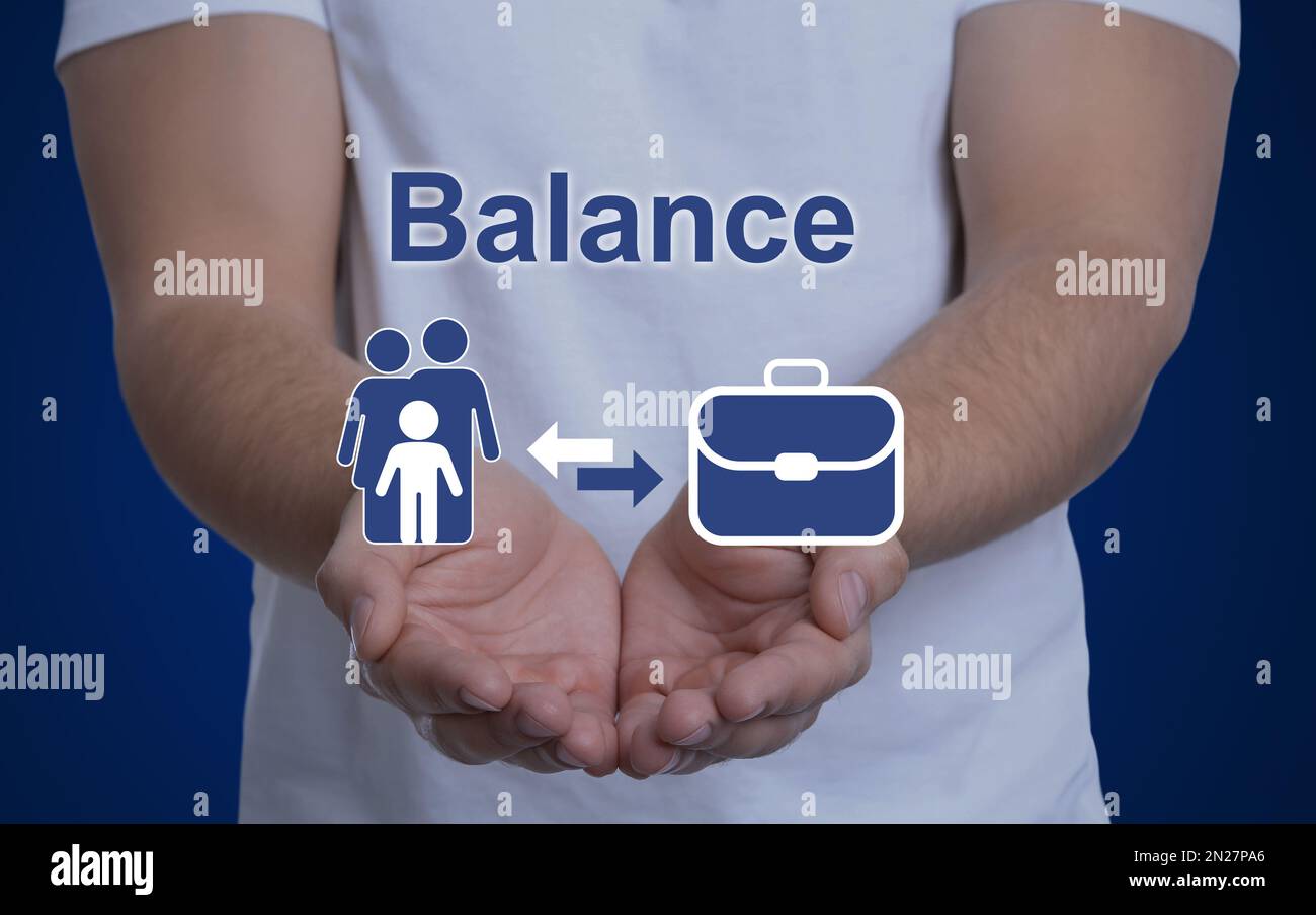 Man holding virtual icons against blue background, closeup. Concept of ...