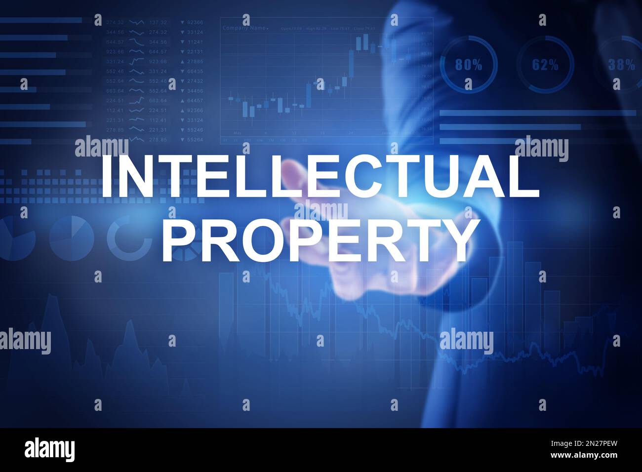 Intellectual property concept. Man using virtual screen with schemes ...