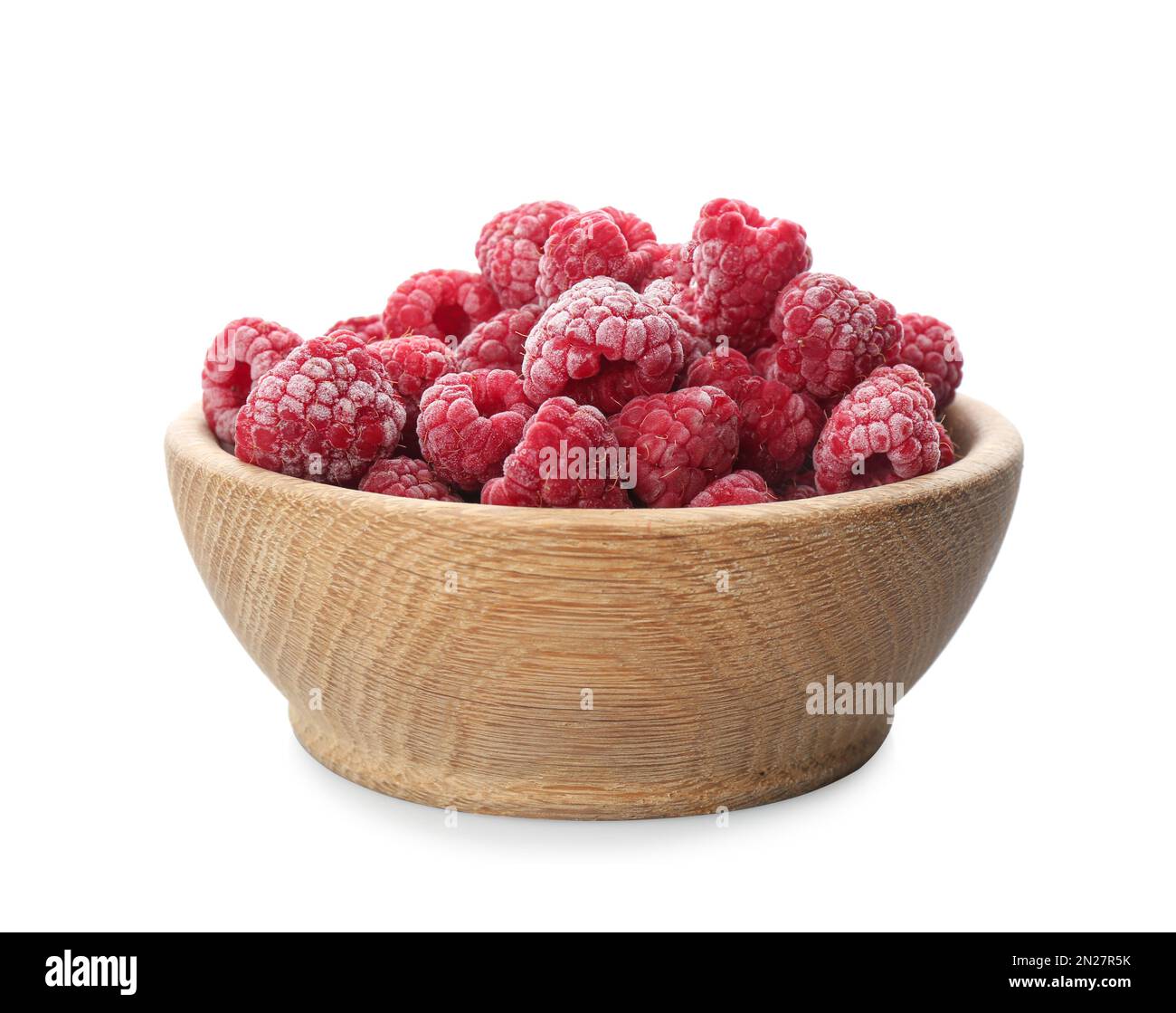 Tasty frozen raspberries in wooden bowl isolated on white Stock Photo ...