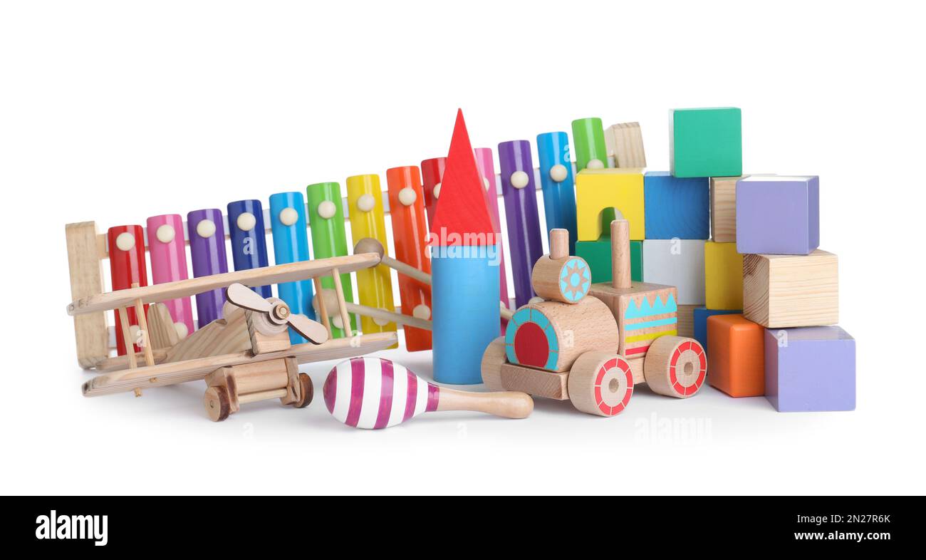 Set of different toys on white background Stock Photo - Alamy