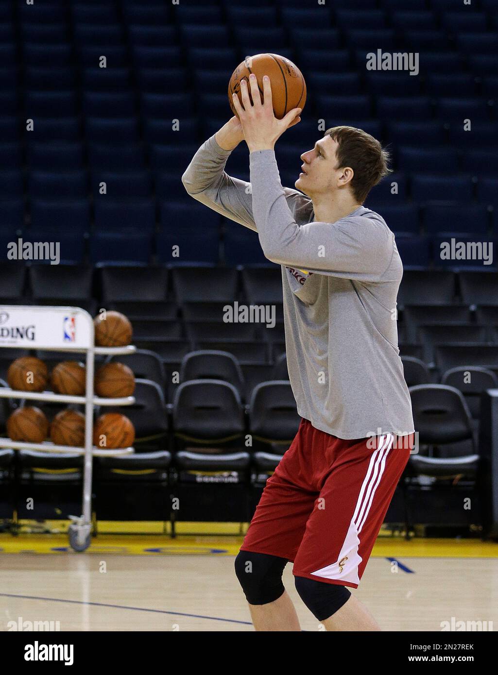Cleveland Cavaliers' Timofey Mozgov shoots during NBA basketball practice Friday, June 5, 2015 ...