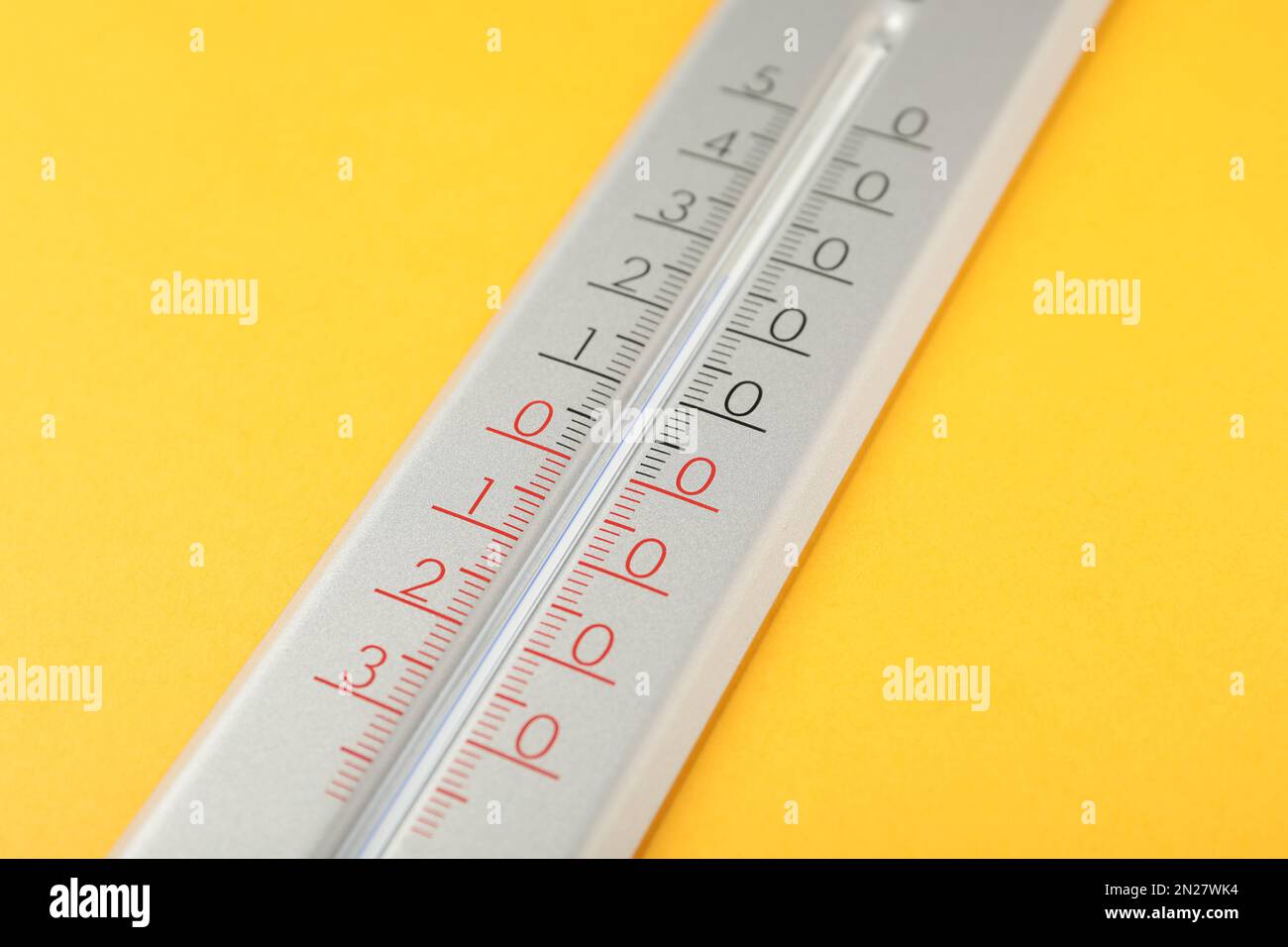 Modern weather thermometer on yellow background, closeup Stock Photo ...