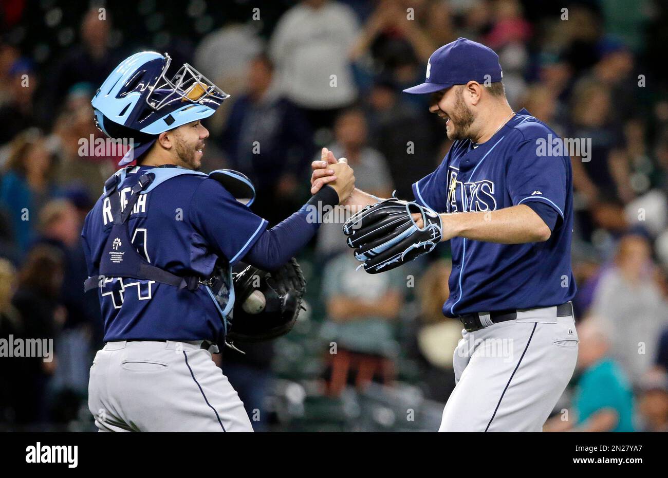 Tampa Bay Rays catcher Rene Rivera, left, and closing pitcher Kevin ...