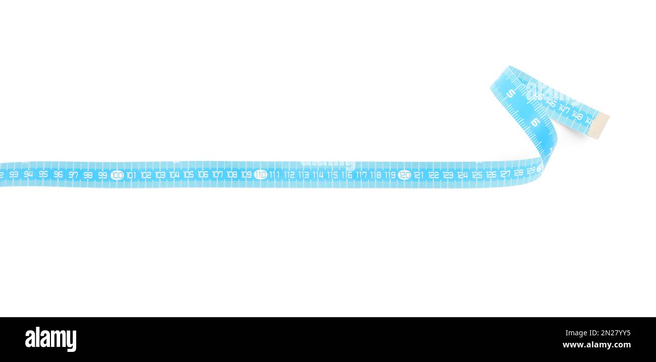 Light blue measuring tape isolated on white, top view Stock Photo - Alamy