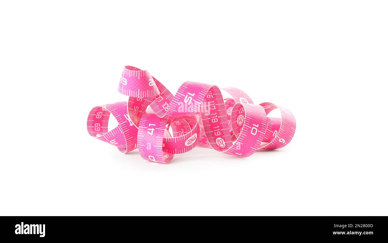 New pink measuring tape isolated on white Stock Photo - Alamy