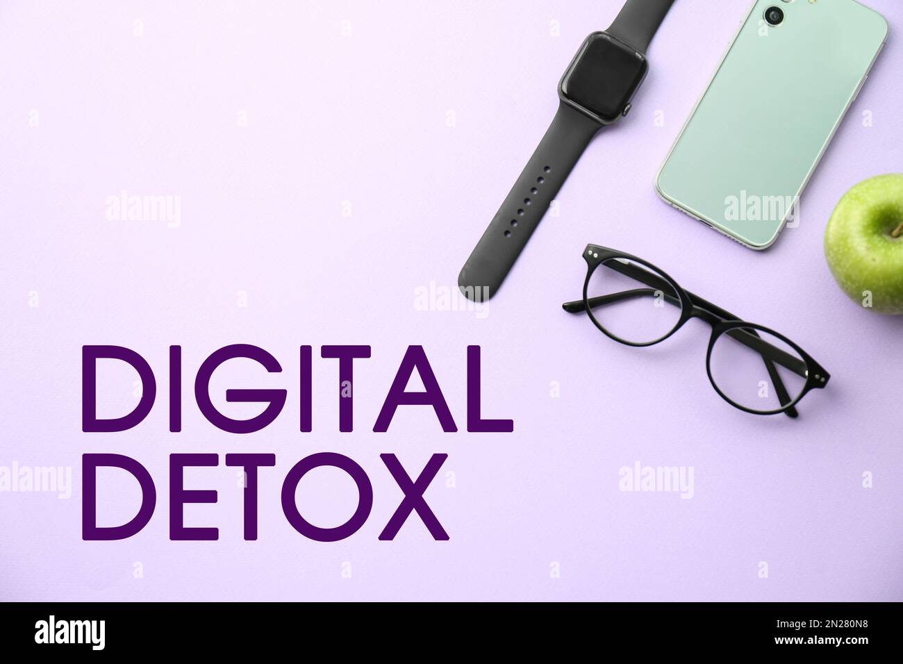 Flat lay composition with text Digital Detox and phone on violet ...