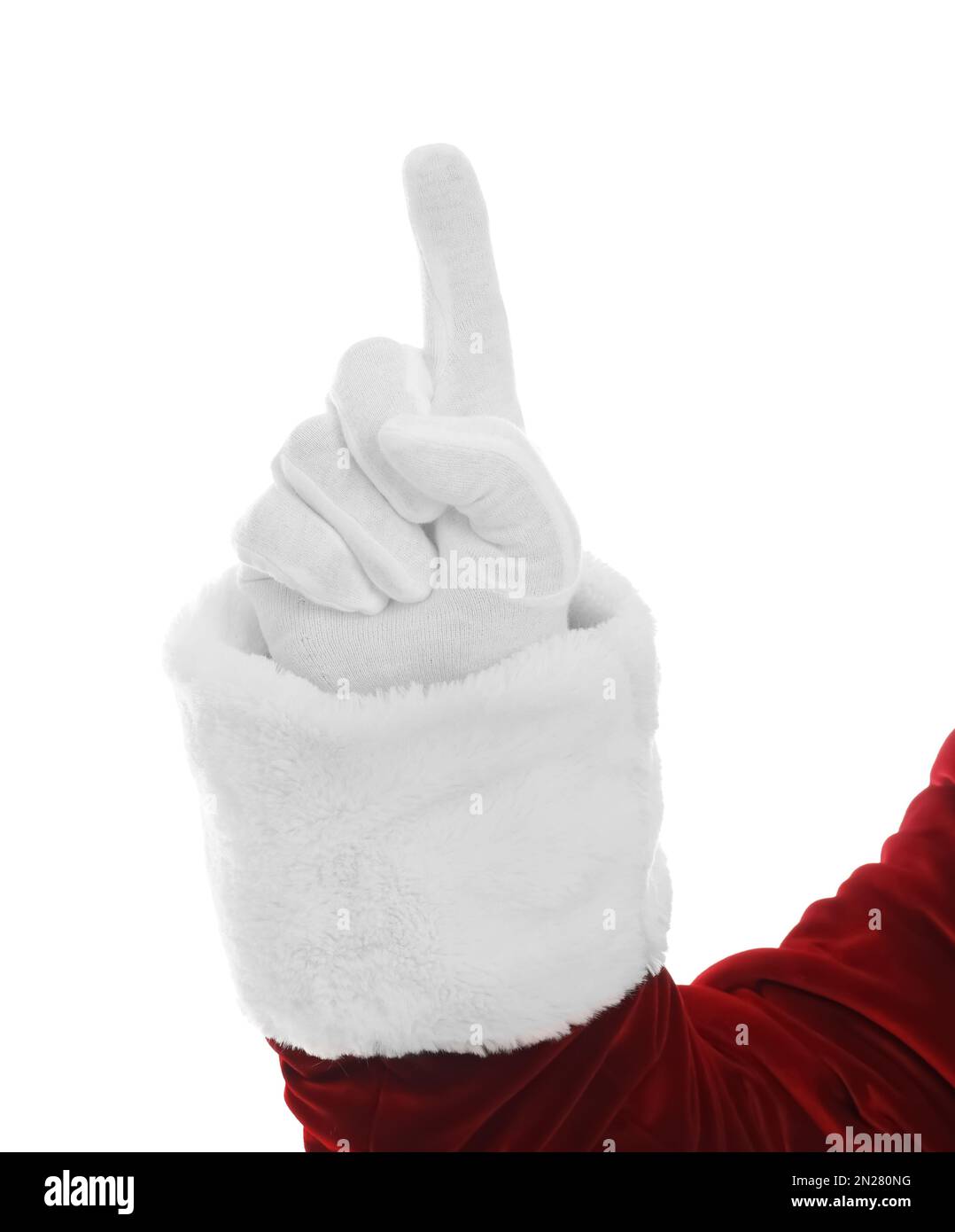 Santa Claus pointing at something on white background, closeup of hand ...