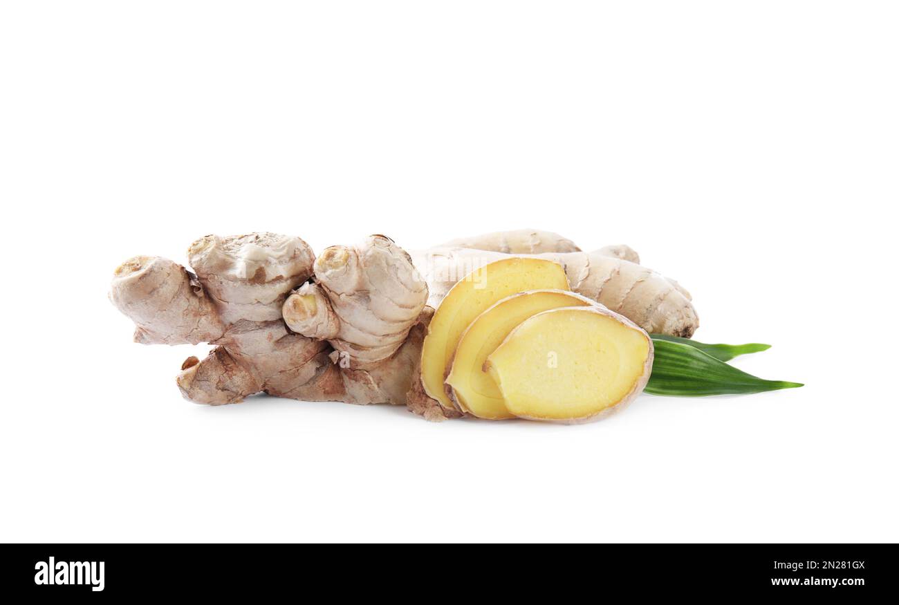 Whole and cut fresh ginger with leaves isolated on white Stock Photo ...