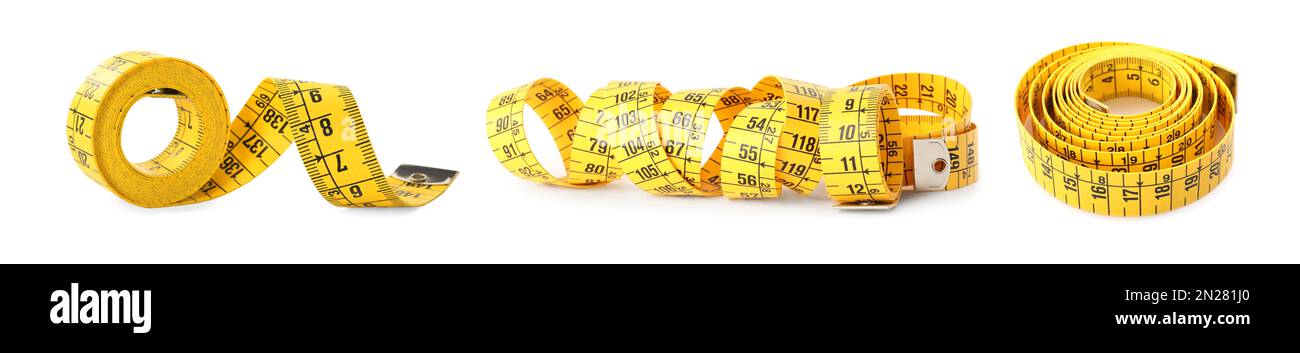 Set of yellow measuring tapes on white background. Banner design Stock ...