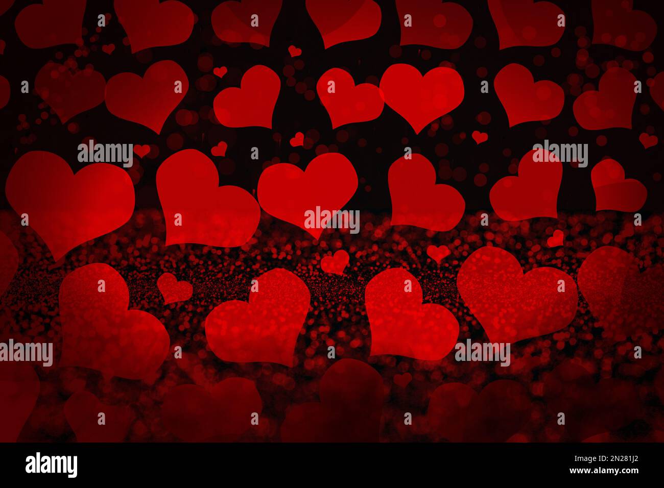 Beautiful red hearts and blurred lights on color background, bokeh ...