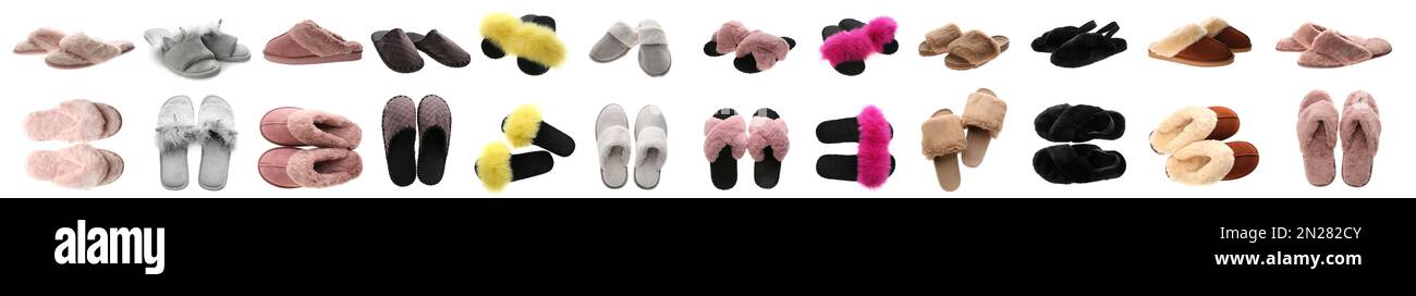 Collage with different slippers on white background. Banner design ...
