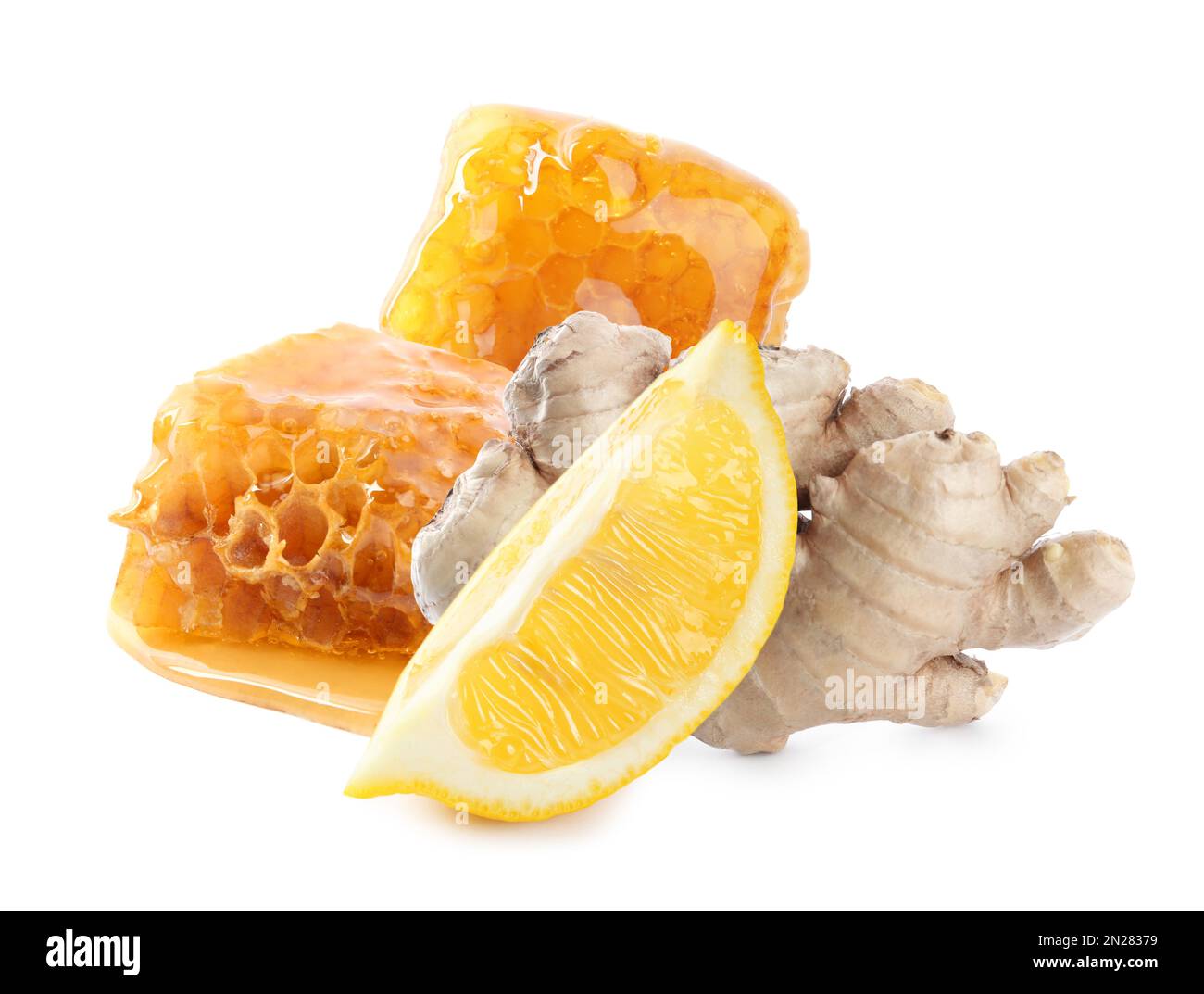Cut lemon, ginger root and honeycombs on white background Stock Photo ...