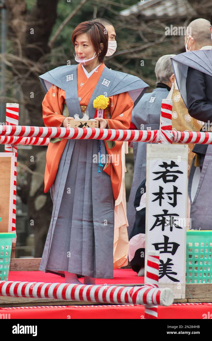 Japanese actress Mayumi Wakamura attends the bean-throwing ceremony at Ikegami Honmonji Temple ...