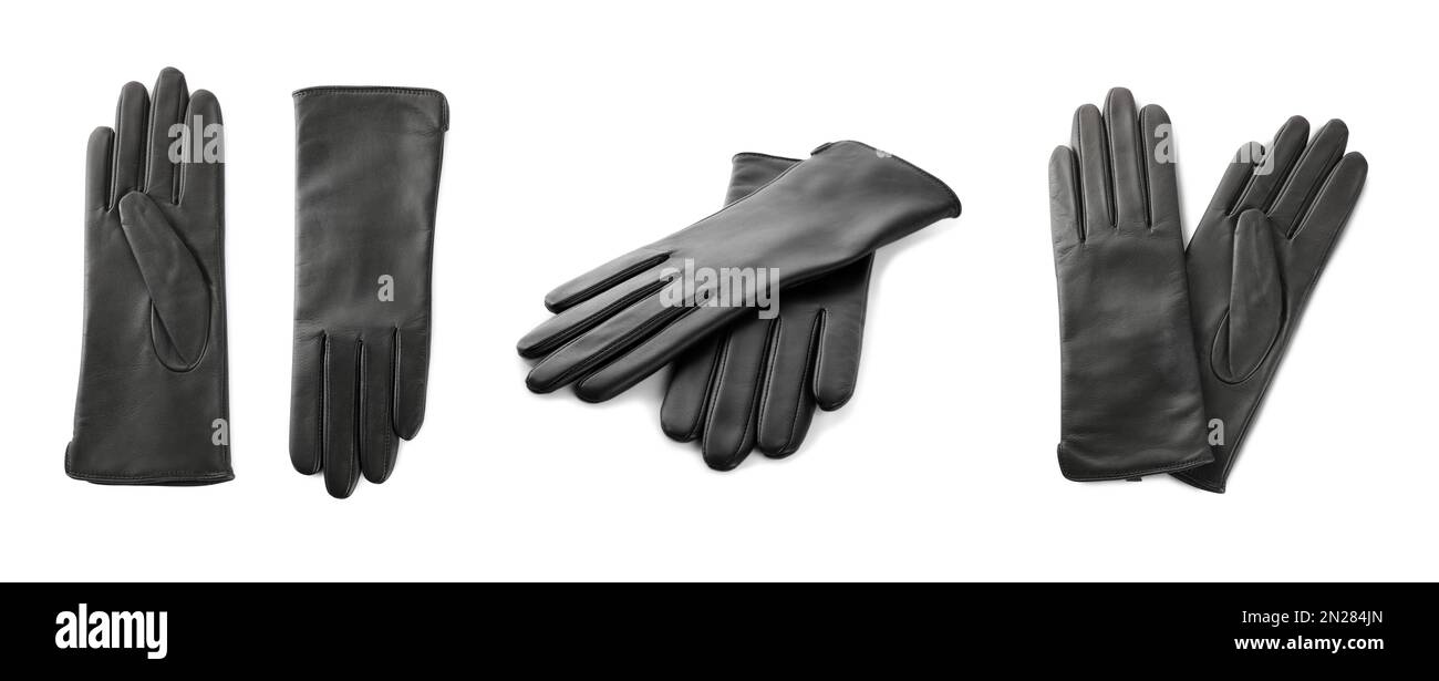 Set of black leather gloves on white background. Banner design Stock ...