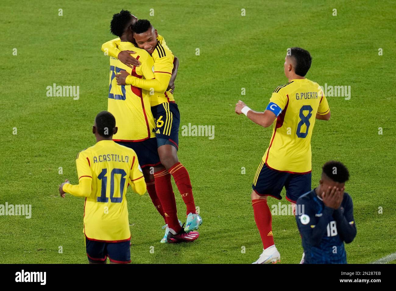 Colombia players celebrate their opening goal after forcing an own goal ...