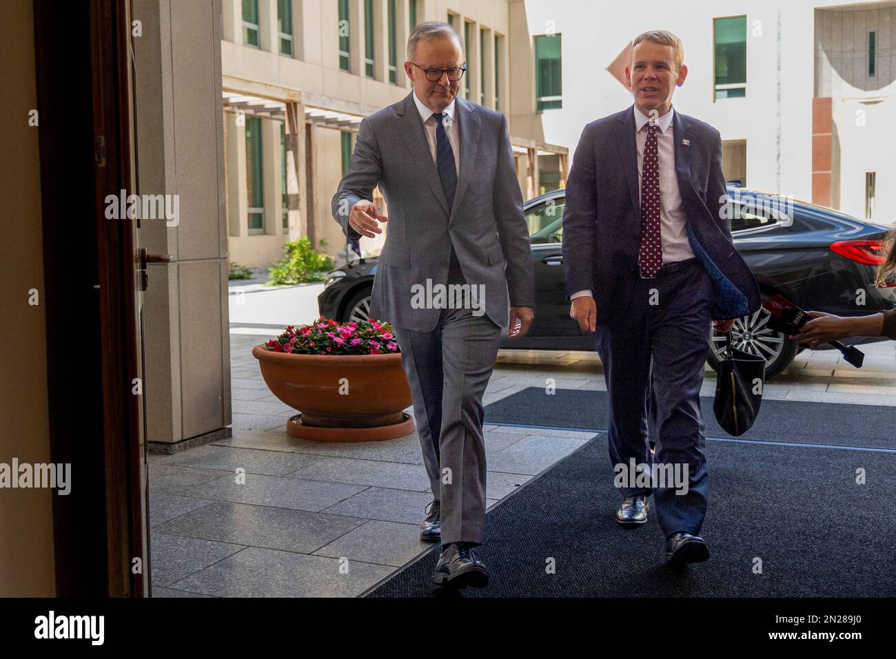 New Zealand Prime Minister Chris Hipkins is met by Australian Prime Minister Anthony Albanese ...