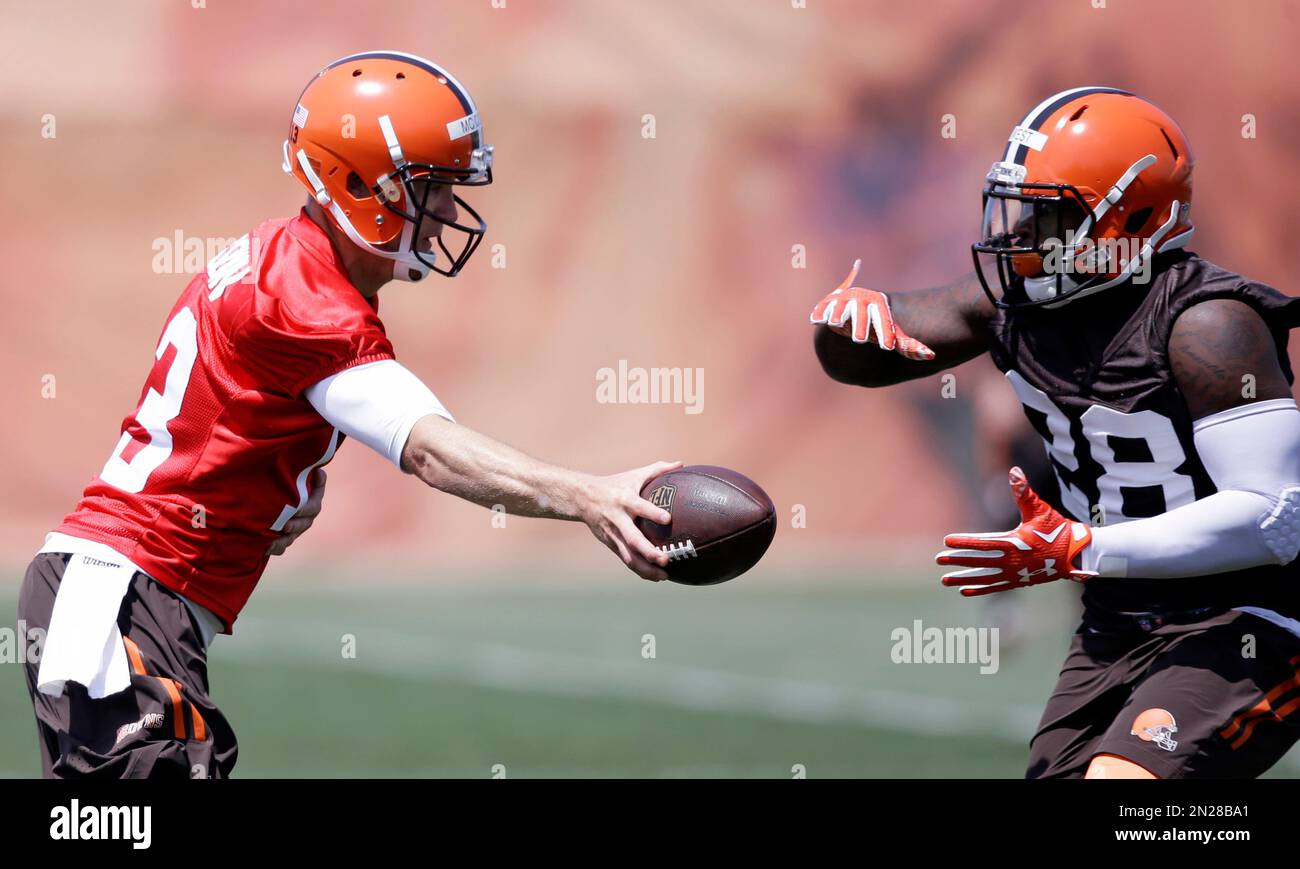 Cleveland Browns quarterback Josh McCown, left, hands the ball off to ...