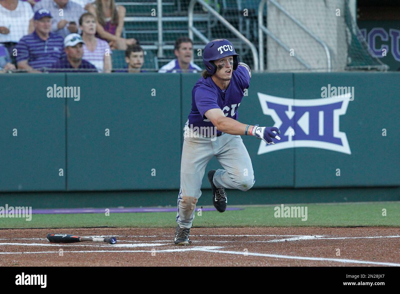 TCU center fielder Cody Jones watches the ball after hitting against ...