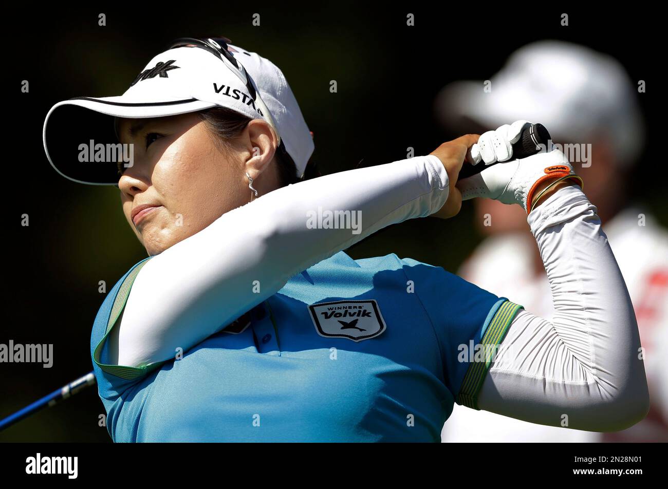 Meena Lee, of South Korea, hits a tee shot on the sixth hole during the ...